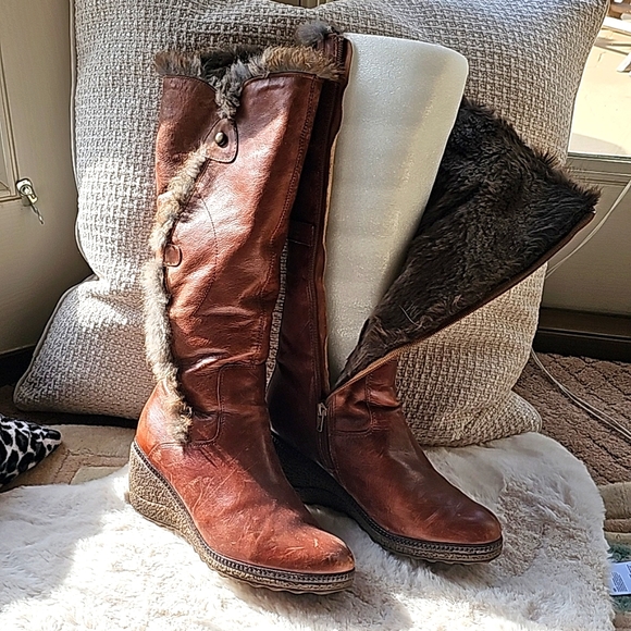 Shoes | Leather Boots With Real Fur Accent Fake Fur On The Inside ...